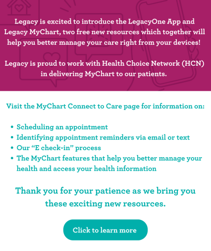 Pop Up Epic Mychart 12.5 | Legacy Community Health