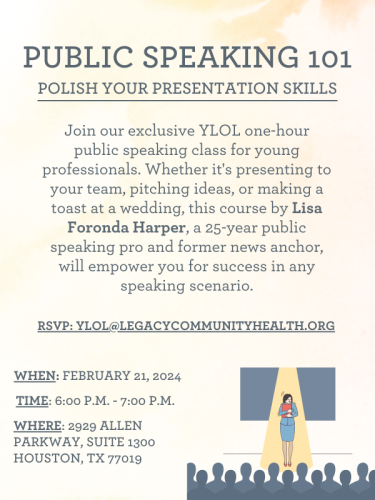 Public Speaking 101 flyer | Legacy Community Health